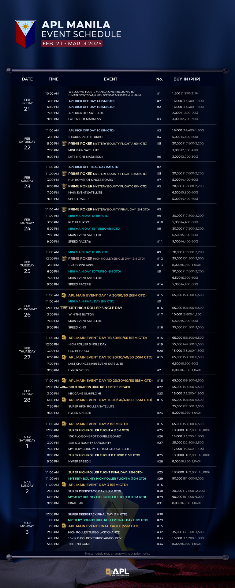 APL MANILA EVENT SCHEDULE Ace Poker League