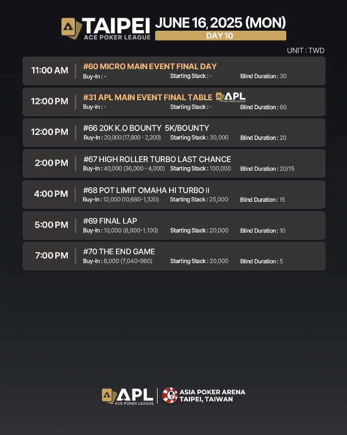 APL TAIPEI EVENT SCHEDULE Ace Poker League
